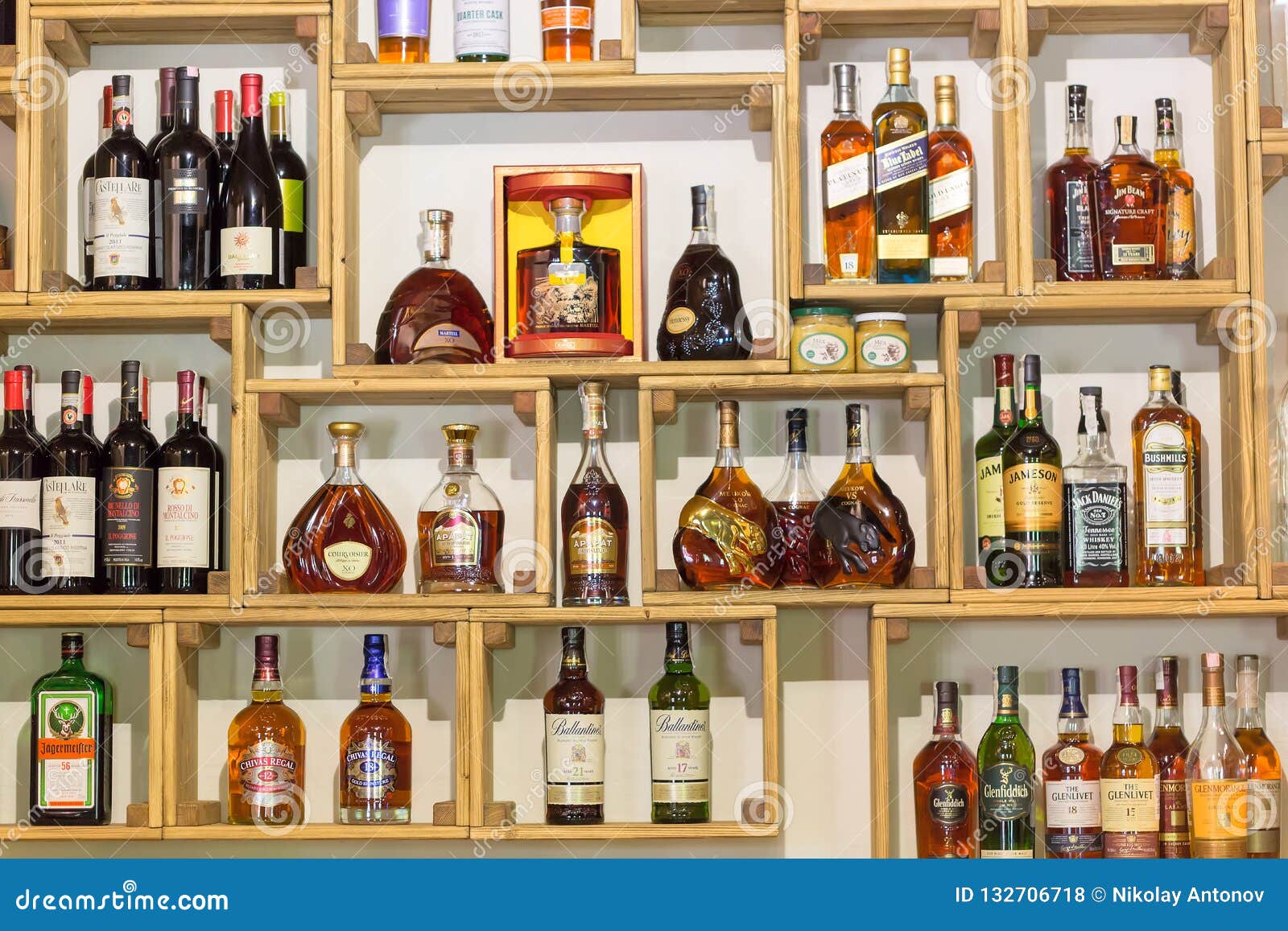 Minsk, Belarus - September, 2018: Various Alcohol Bottles in a Bar or ... Minsk, Belarus - September, 2018: Various Alcohol Bottles in a Bar or ...