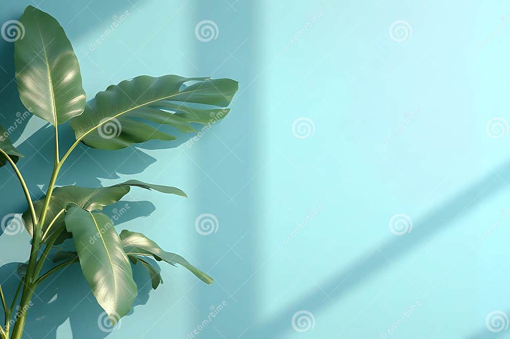 Mint Blue Cement Texture Wall Leaf Plant Shadow Background with Copy ...