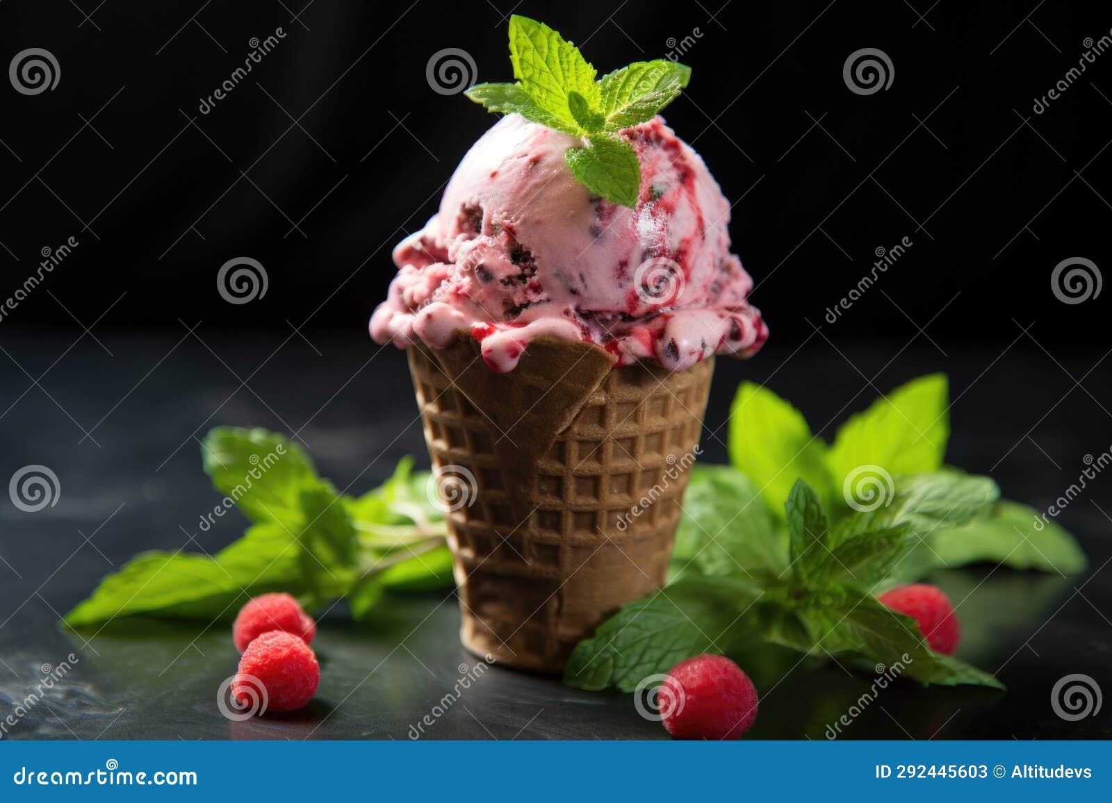 Mint Chocolate Chip and Raspberry Gelato in a Cone Stock Image - Image ...
