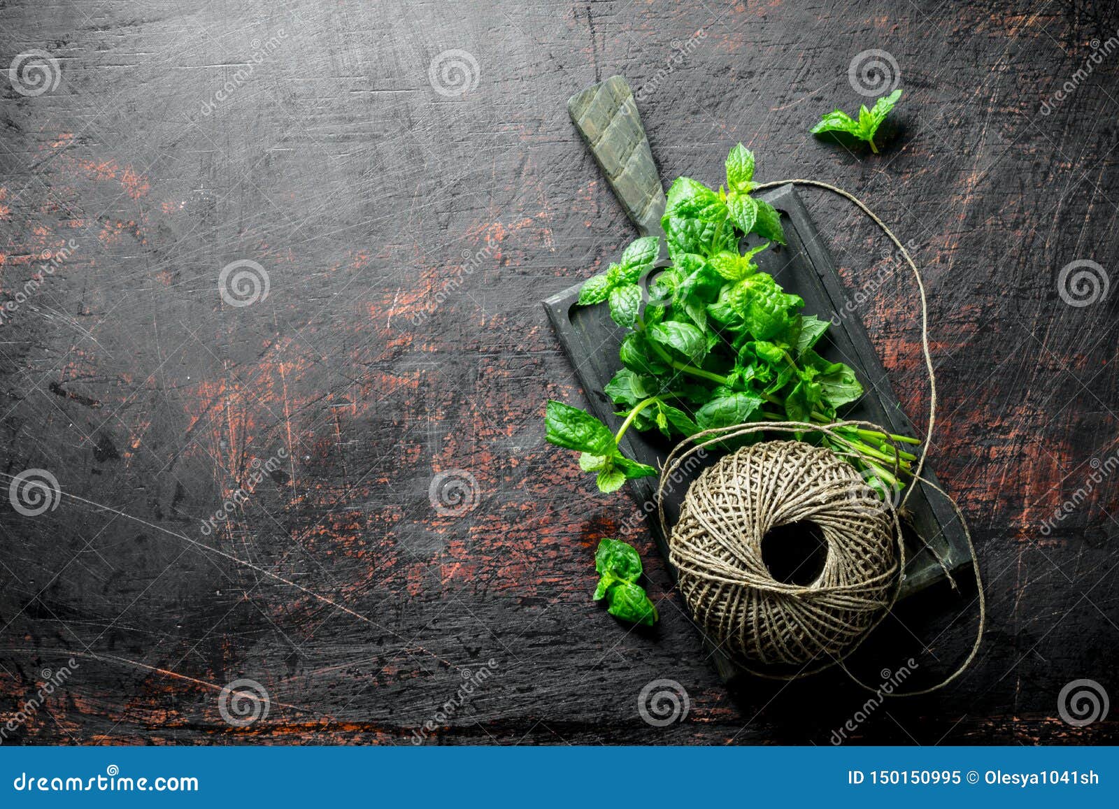 Mint on a Cutting Board with Old Twine Stock Image - Image of freshness ...