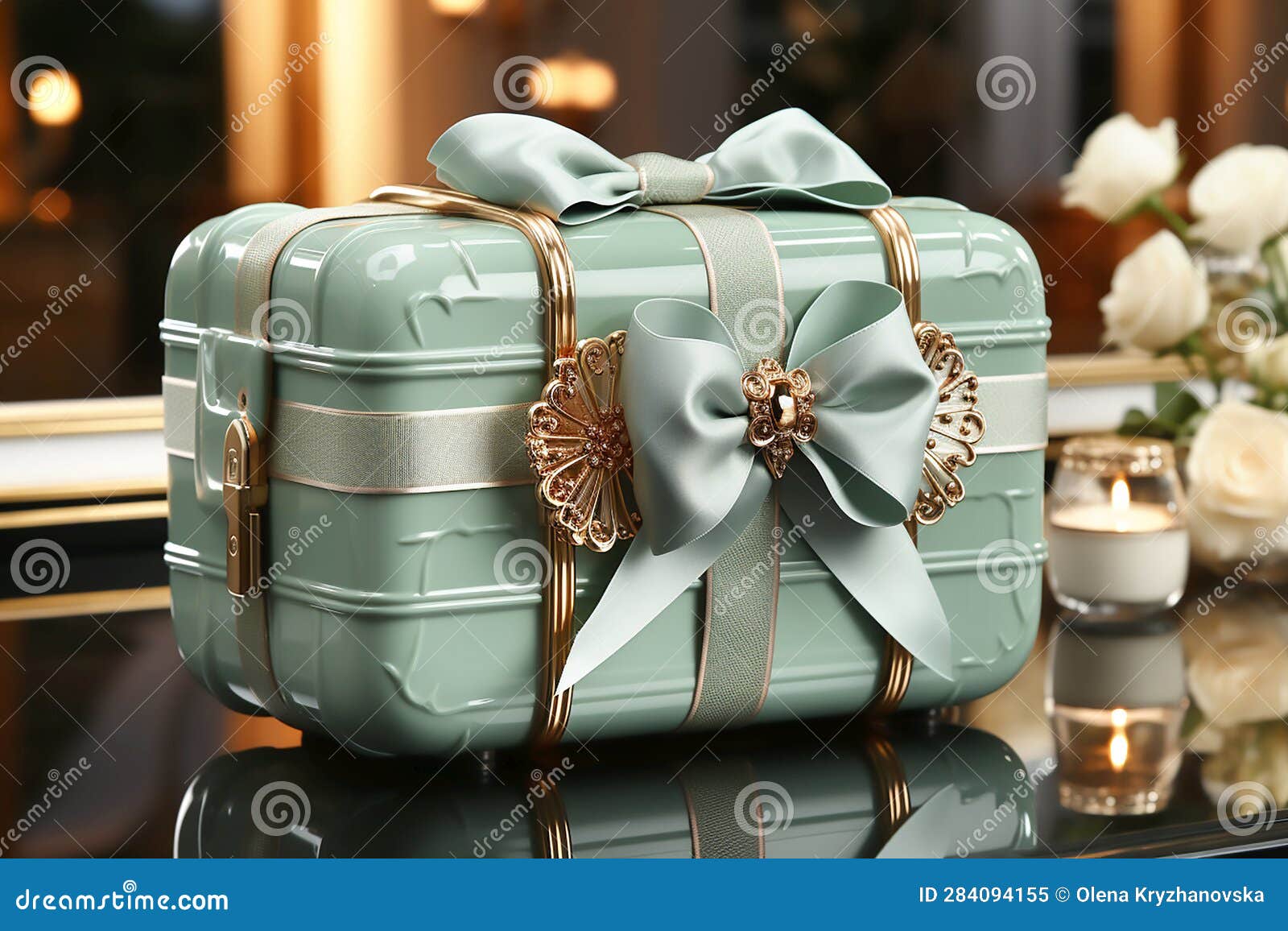 Mint Gift Box with Mint Bow and White Roses in Interior. Generative AI ...
