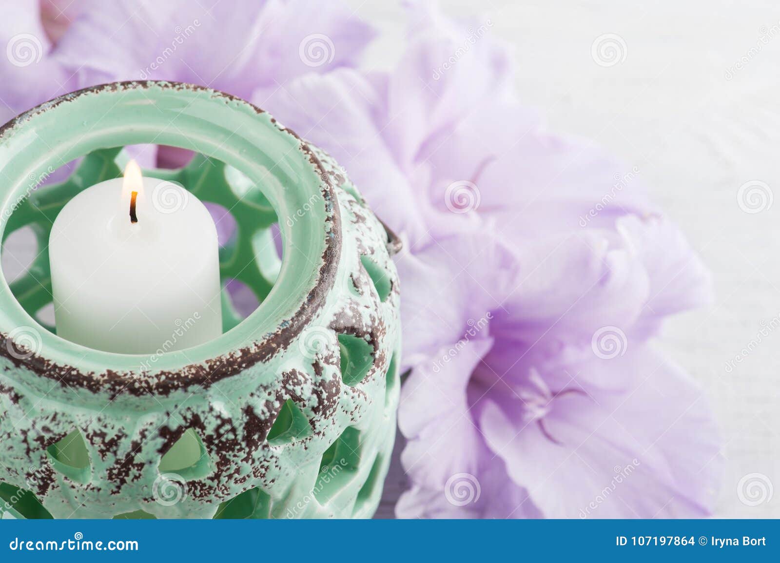 Mint Green Candlelight and Purple Flowers Stock Photo - Image of relax ...
