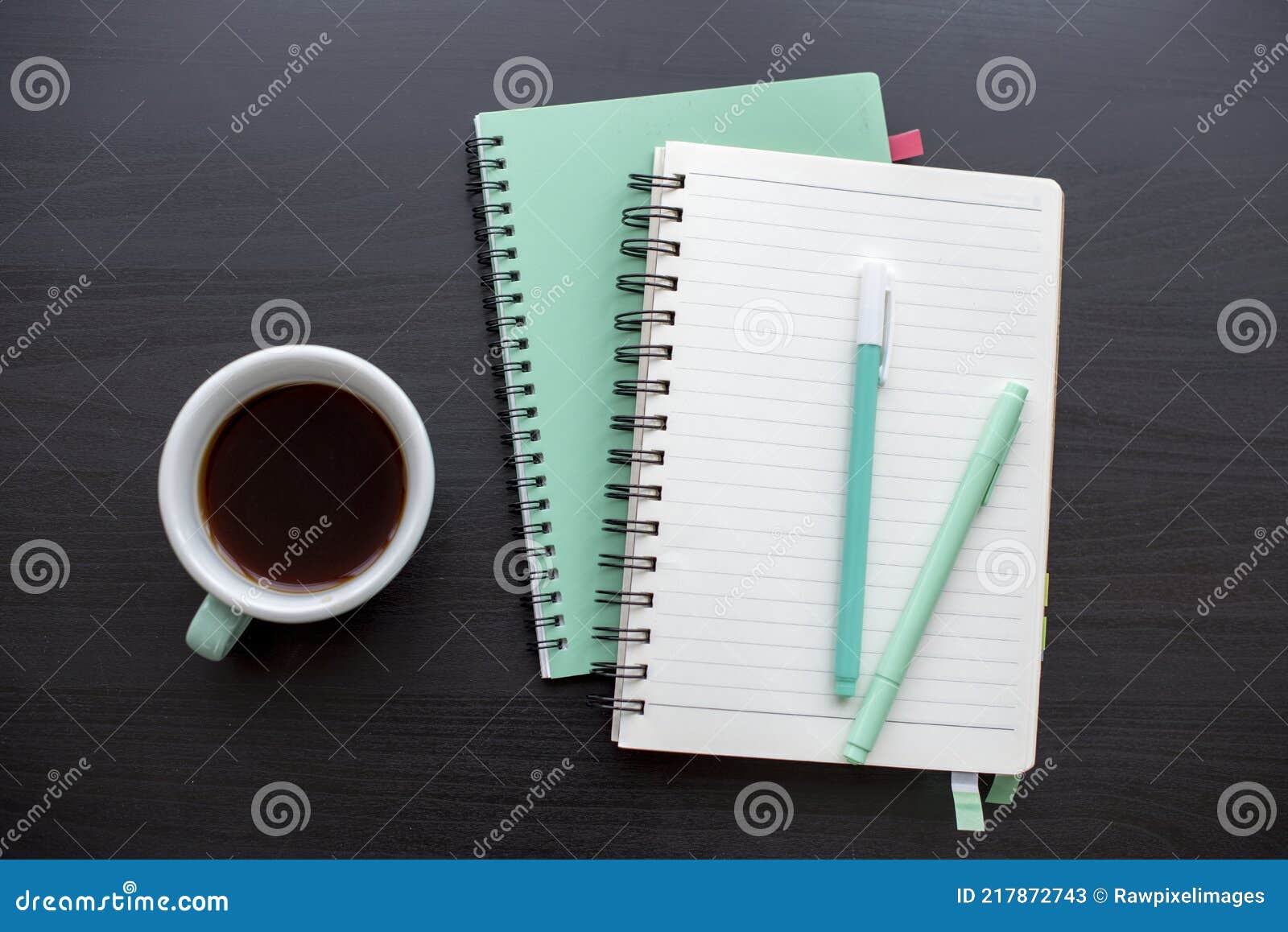 Mint Green Open Notebook and a Cup of Coffee Stock Image - Image of ...