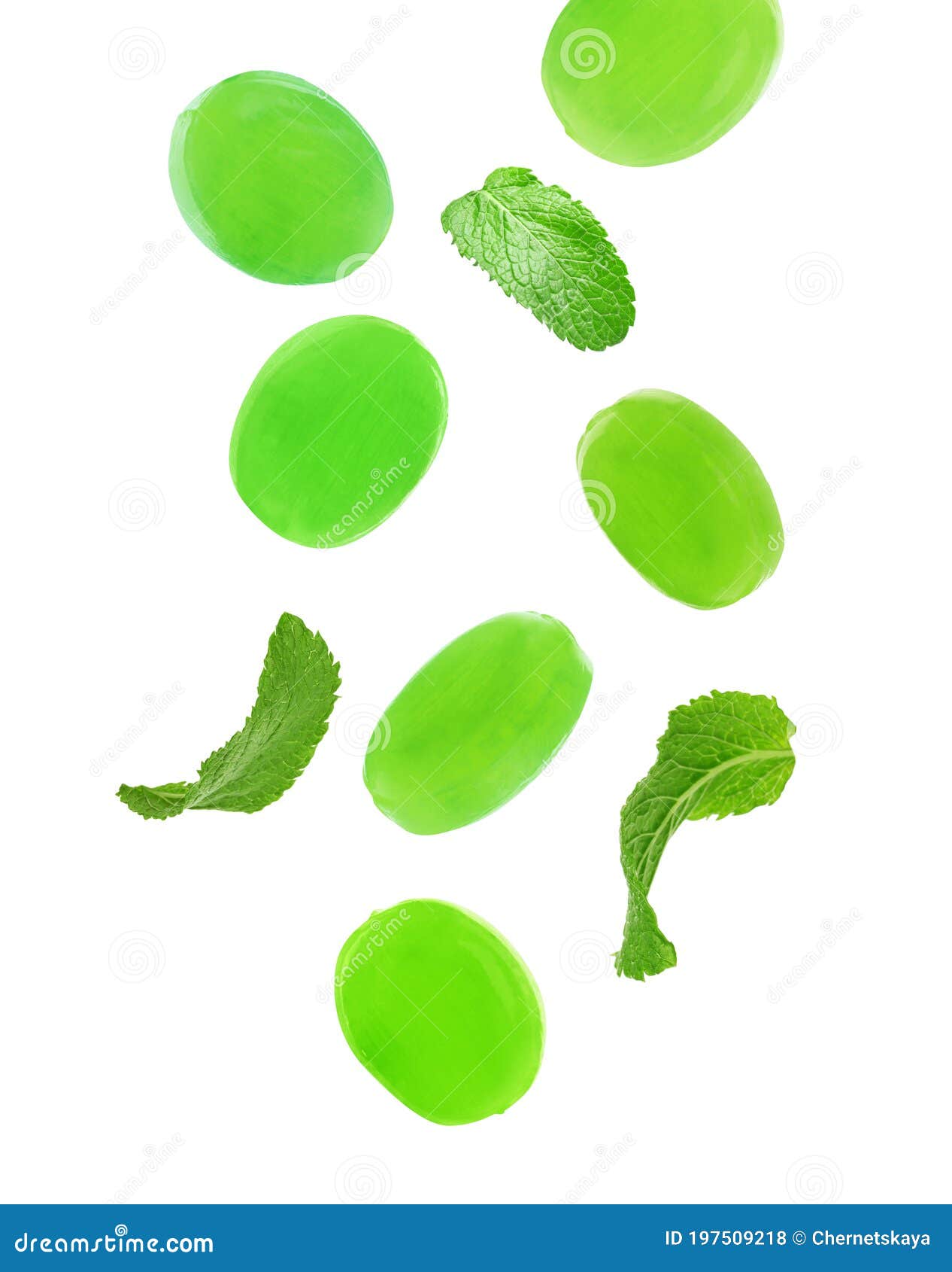 Mint Hard Candies and Green Leaves Falling on White Background Stock ...