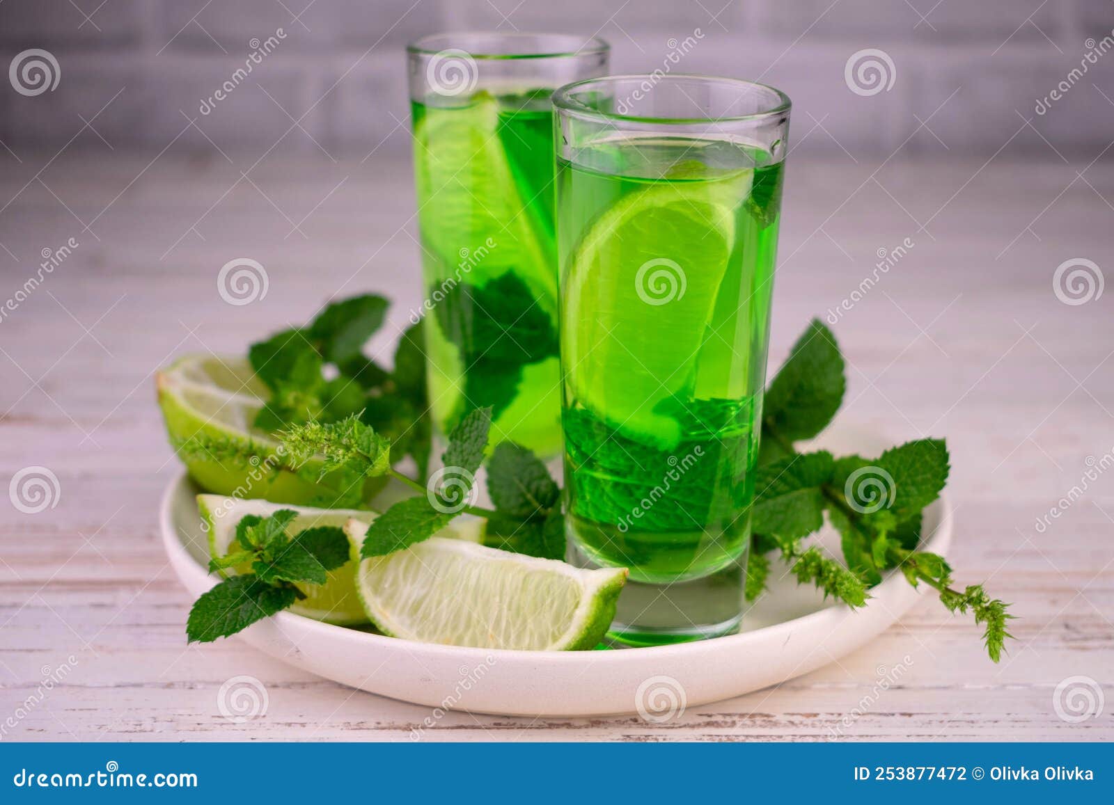 Mint Liqueur with Lime on a White Tray. Stock Photo - Image of dessert ...