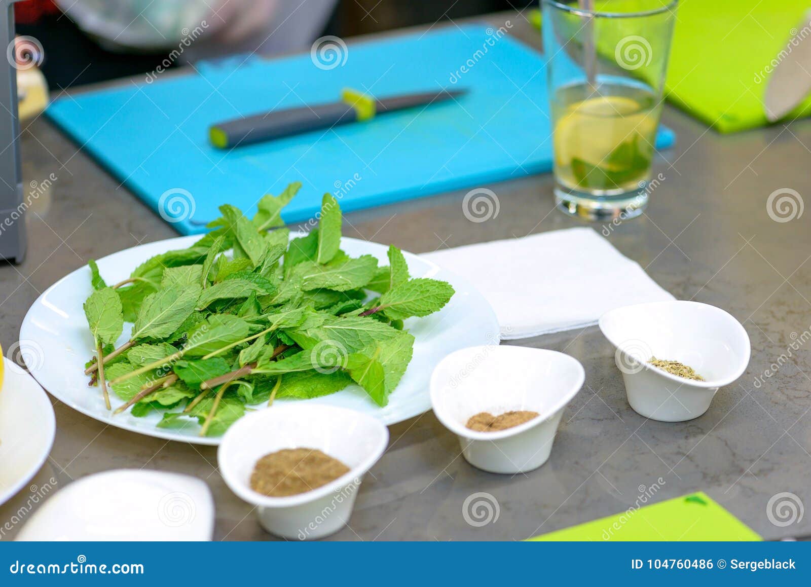 Mint and Spices on Table in Kitchen Stock Photo - Image of closeup ...