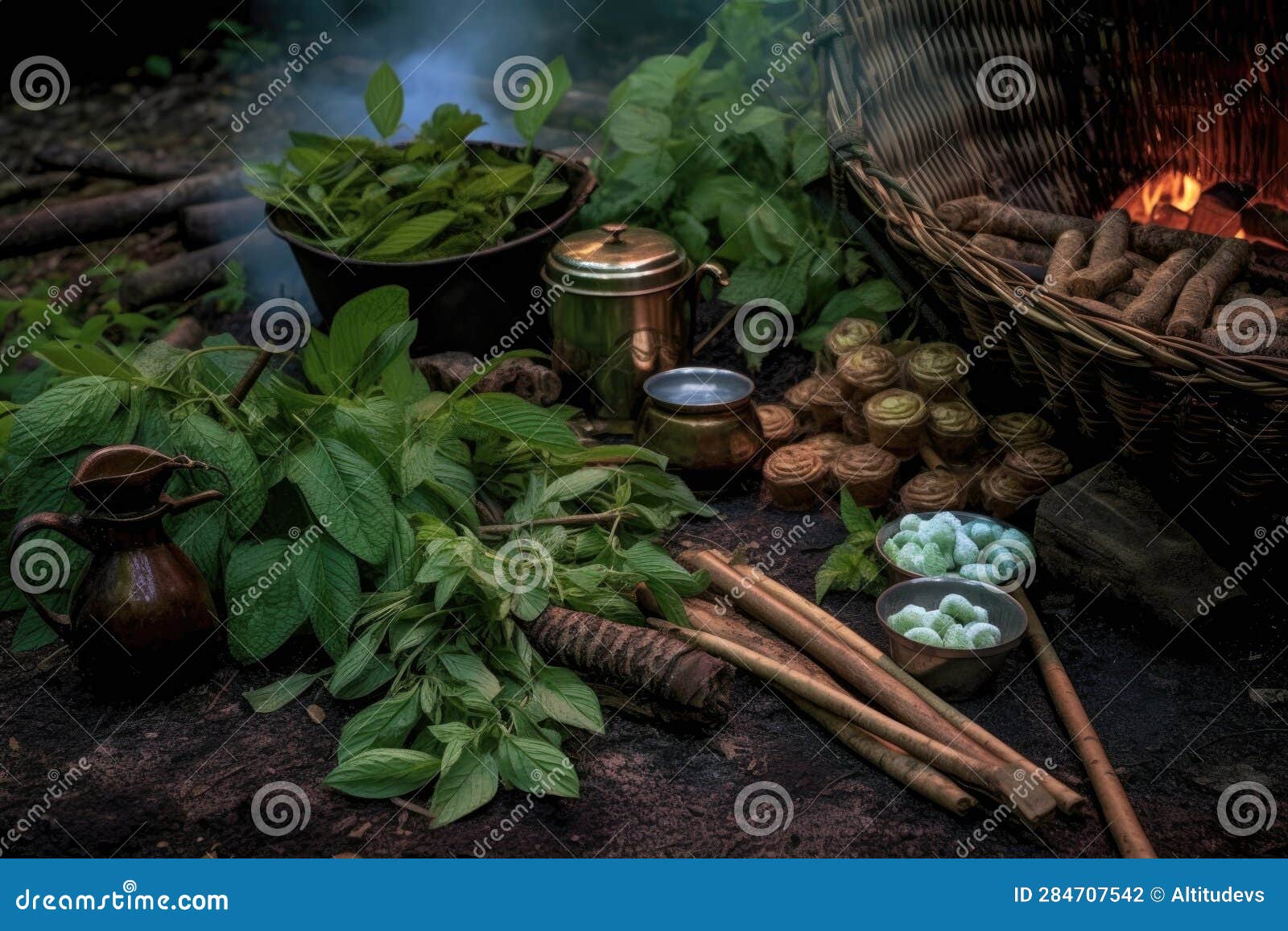 Mint Tea Ingredients Arranged Around a Campfire Setting Stock ...