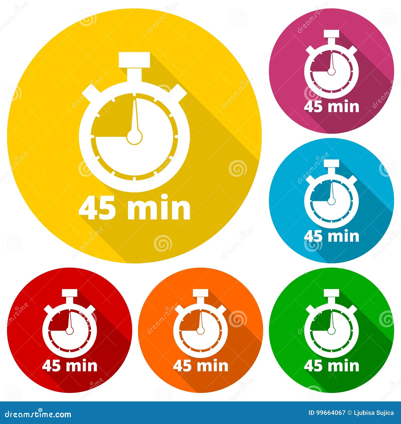 45 Minutes Stopwatch Symbol, Timer Icons Set with Long Shadow Stock ...