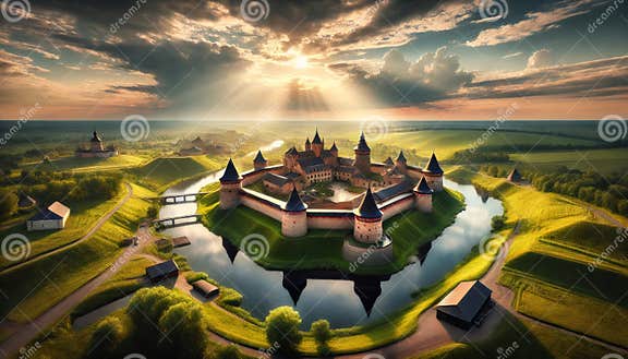 Mir Castle Complex Reflecting in the Water during Sunset with Sun Rays ...
