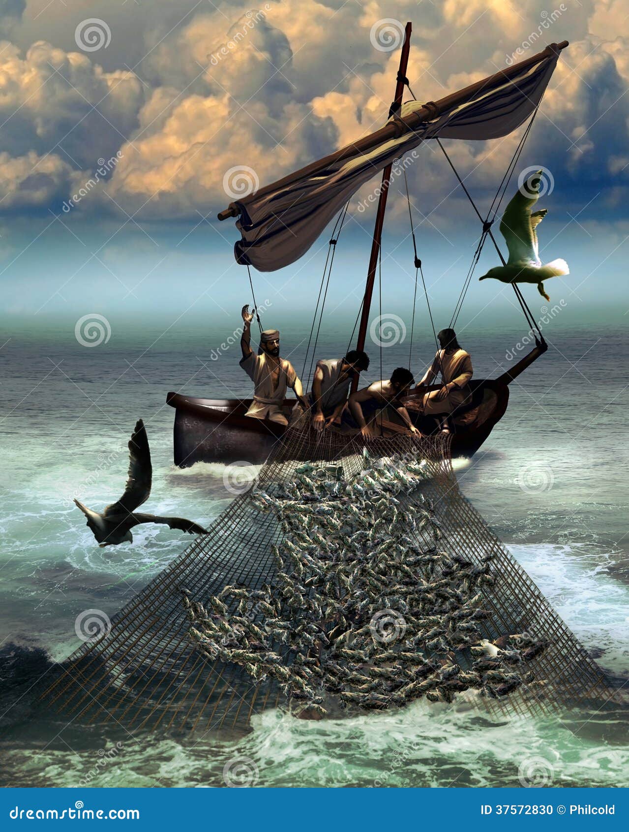 Miracle fishing stock illustration. Illustration of sailboat - 37572830