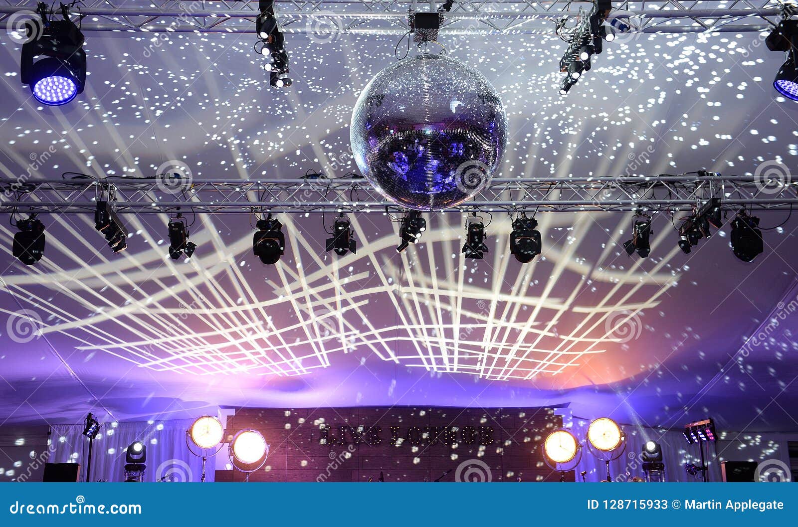 Mirror ball in ballroom stock image. Image of space - 128715933