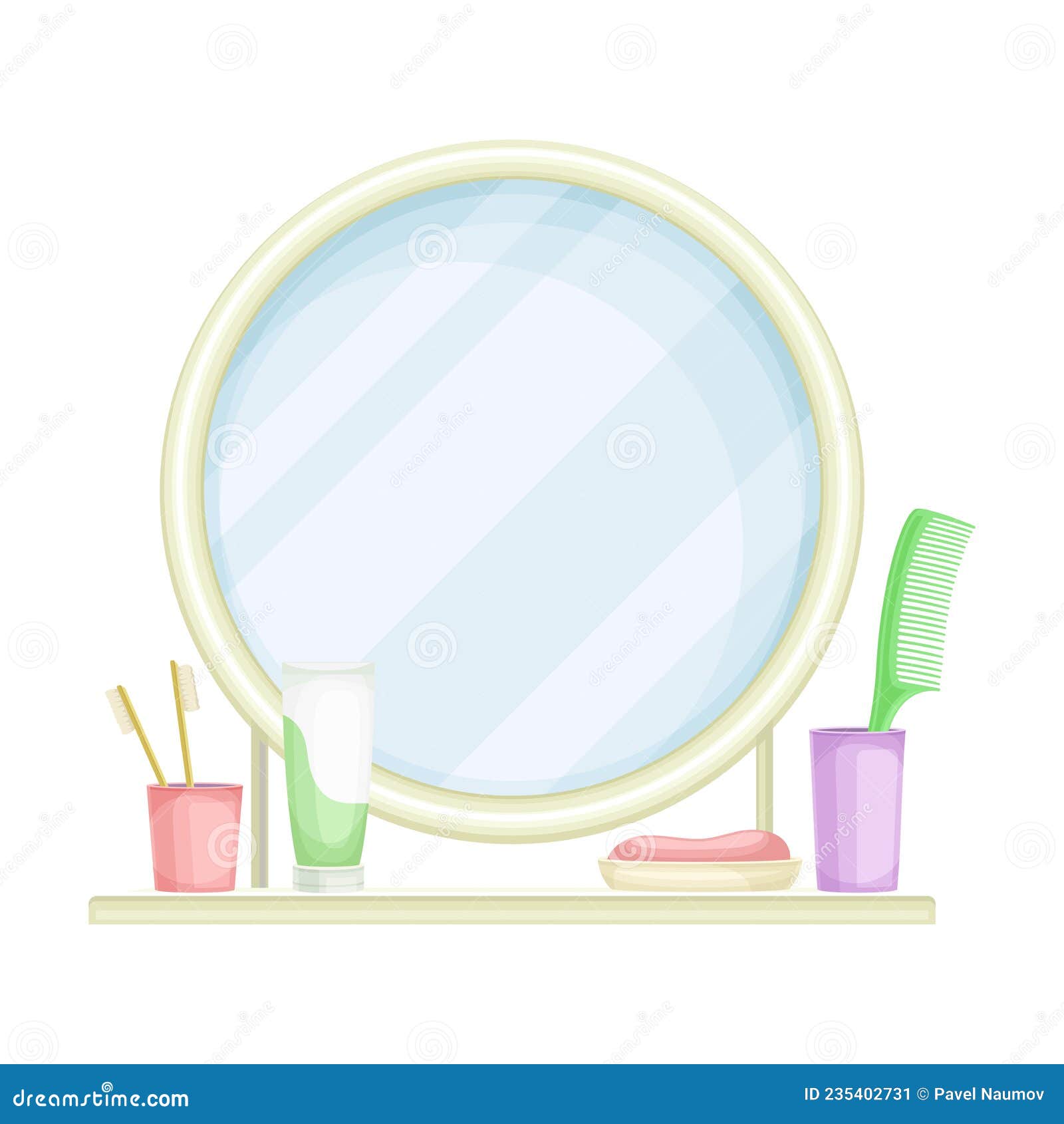 Mirror and Bathroom Shelf with Toothbrushes, Toothpaste and Comb ...