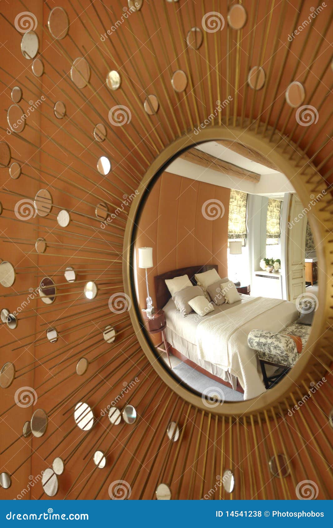 Mirror with Beams and Bedroom Reflected Stock Photo - Image of indoors ...