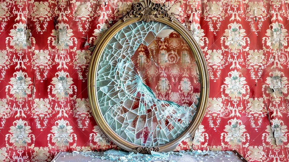 Mirror, Cracked and Broken, Sits Atop a Table, Reflecting Distorted ...