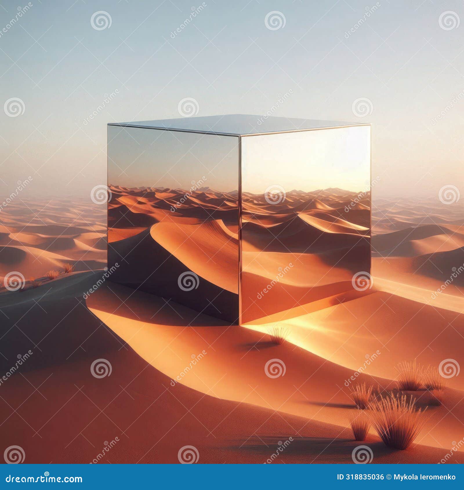 A Mirror Cube Standing in the Desert. Stock Photo - Image of ...