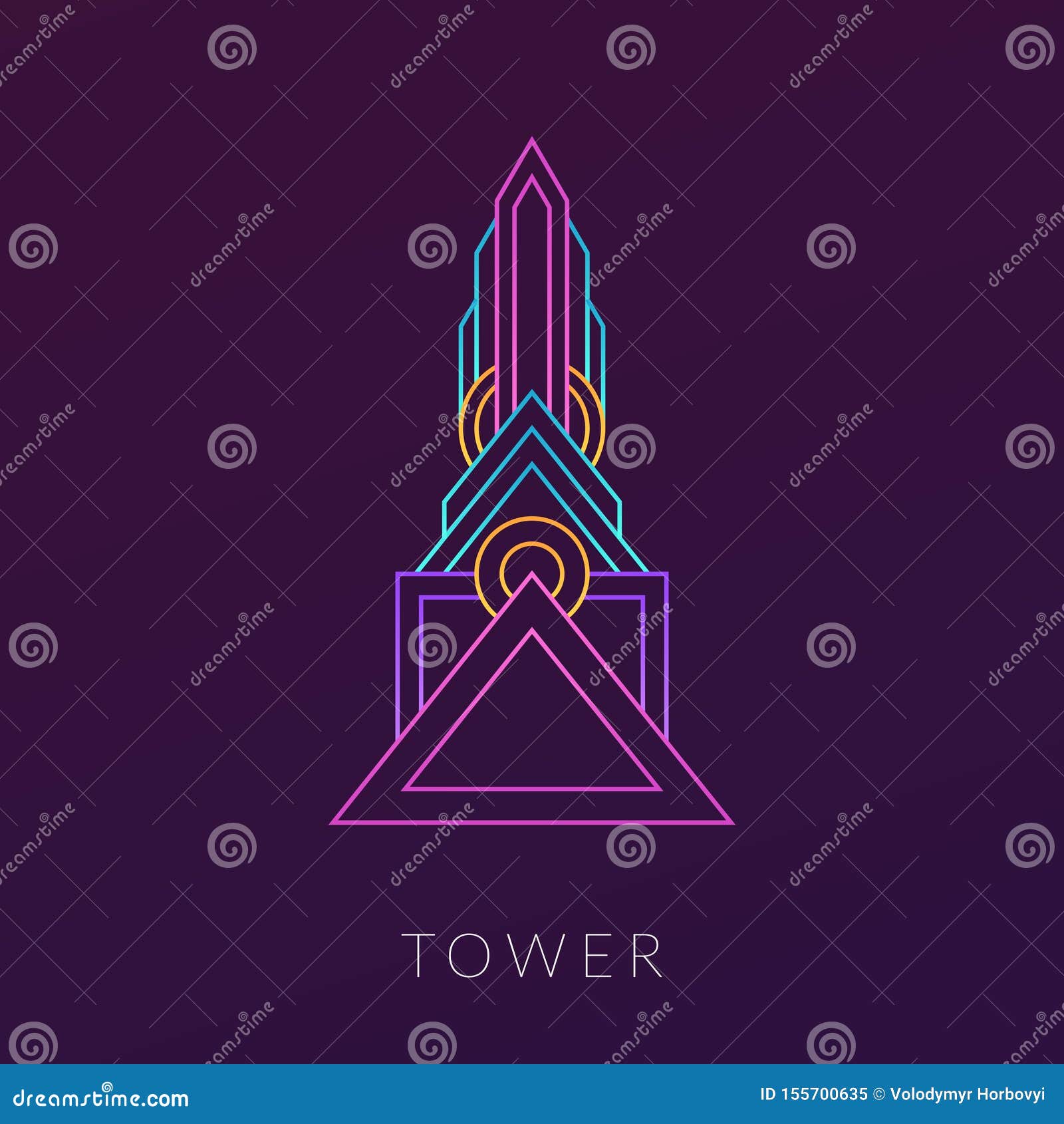Outline Abstract Tower Symbol Made Out of Geometric Shapes with Neon ...