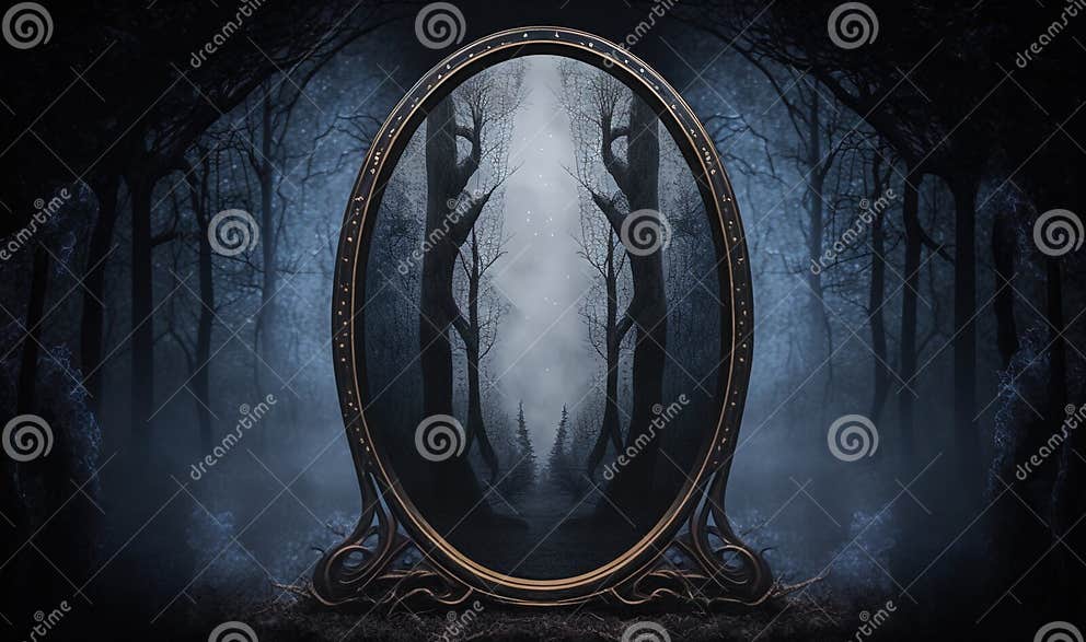 A Mirror with a Forest Scene in the Reflection of it Stock Illustration ...