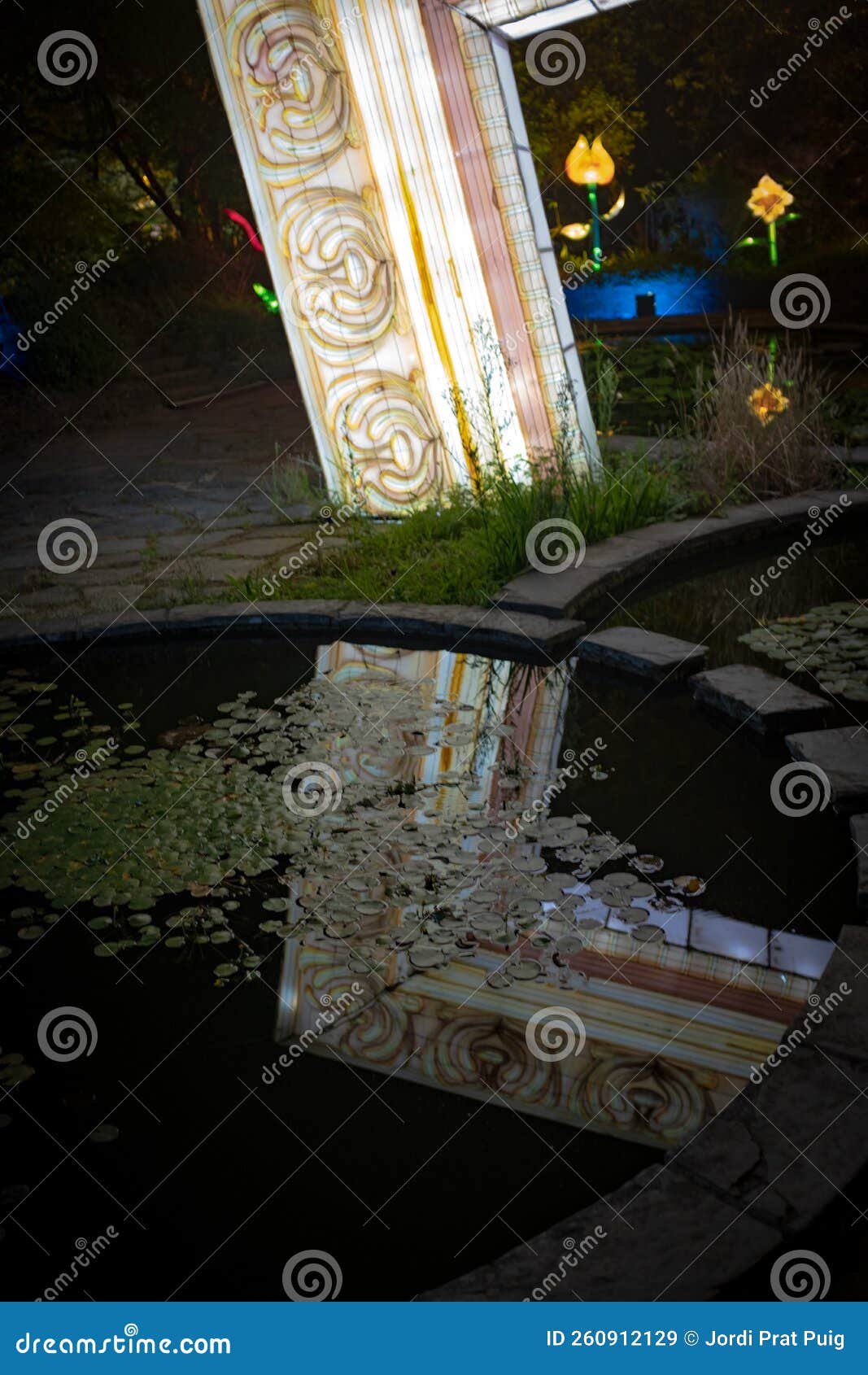 Mirror on the Ground Reflecting on a Tiny Water Stream on a Night Scene ...