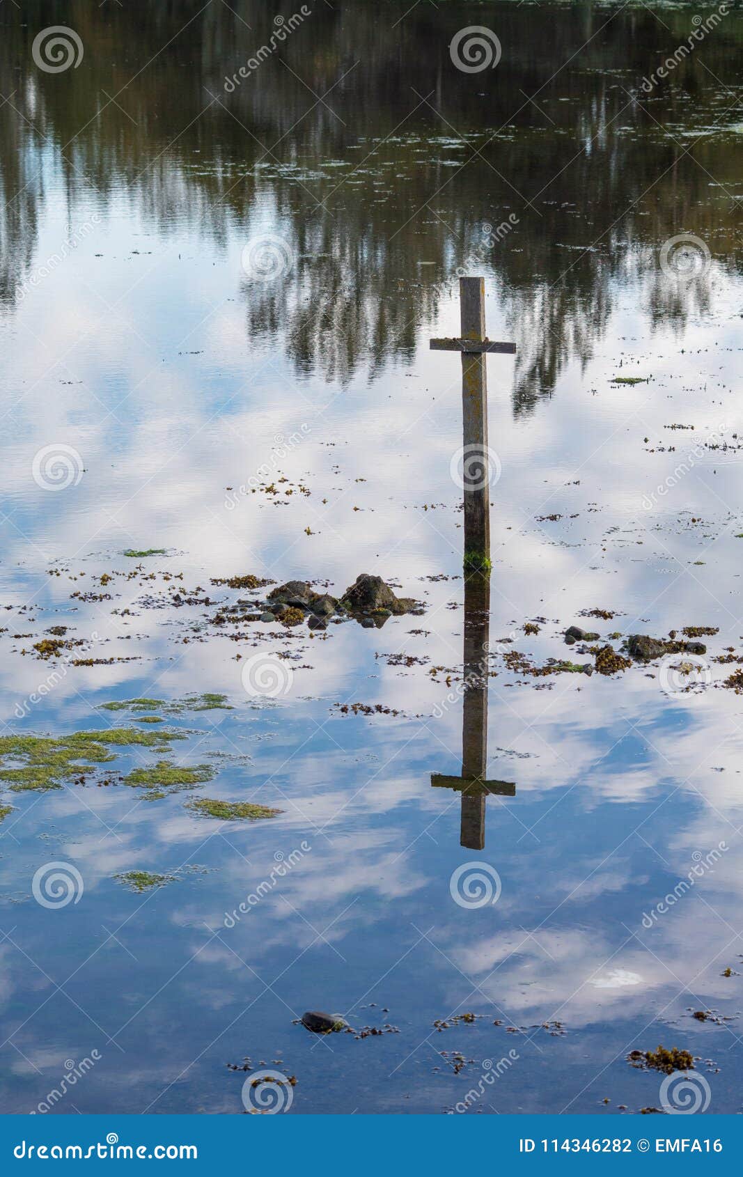 Mirror Like Reflection of a Cross on a Lake Stock Photo - Image of ...
