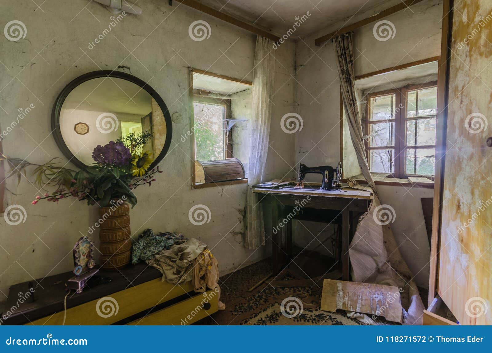 Mirror and Old Sewing Machine Stock Photo - Image of wall, places ...