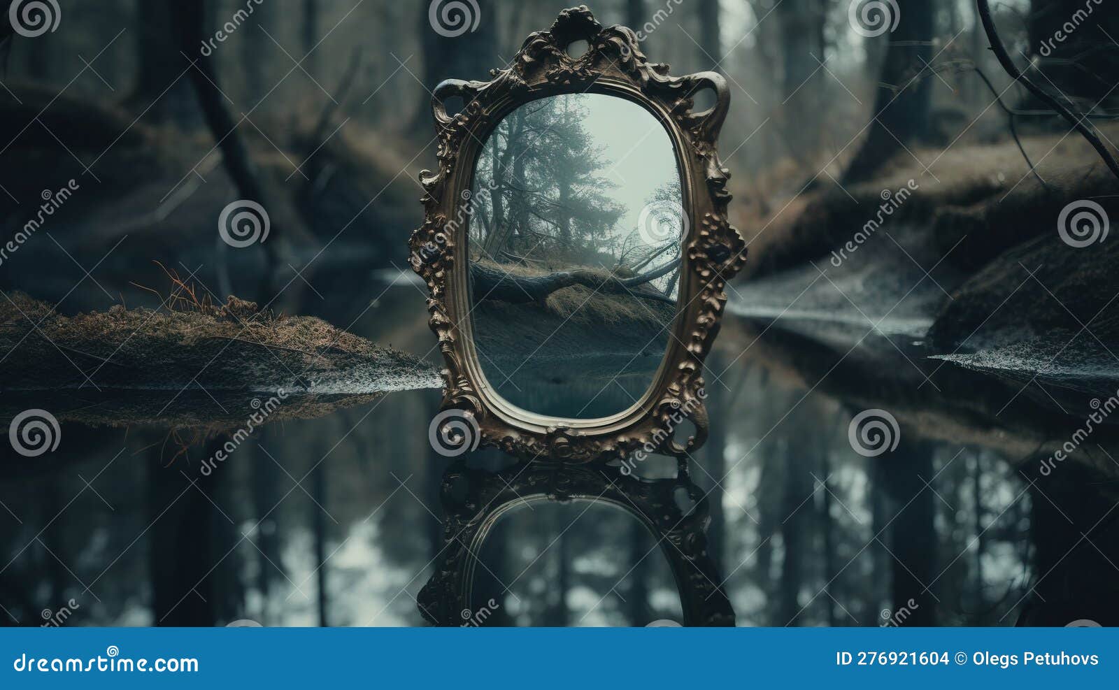 A Mirror Reflecting a Forest Scene in a Mirror Frame with a Reflection ...