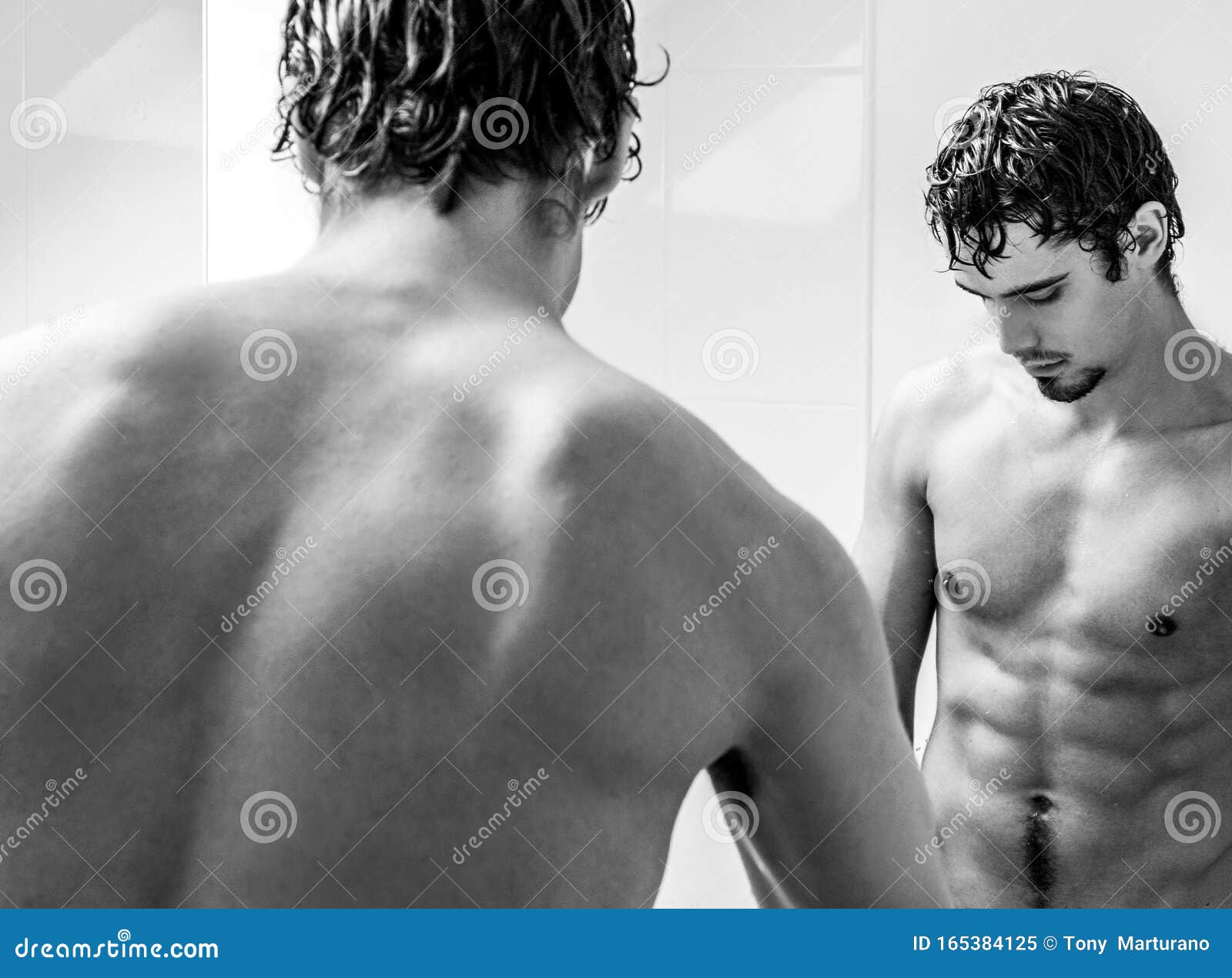 Mirror Reflection of Handsome Shirtless Man with Abs and Goatee Stock ...