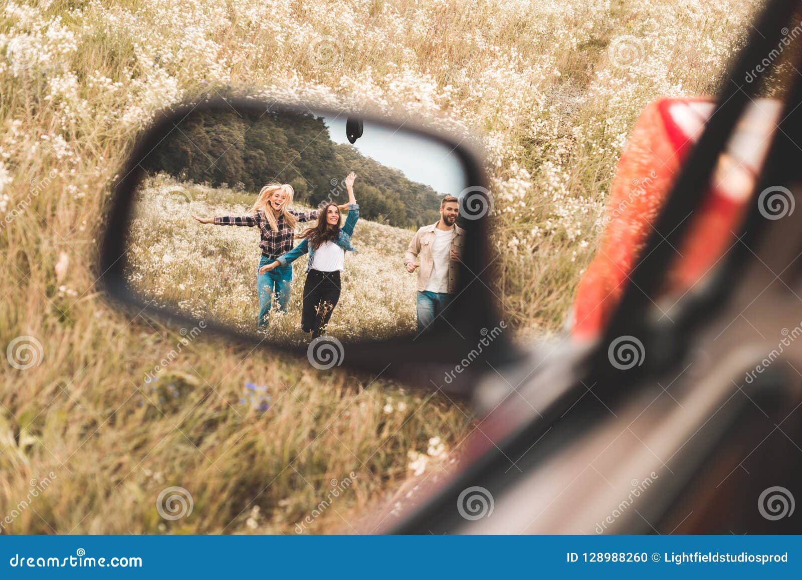 Mirror Reflection of Happy Group of Friends Running Stock Photo - Image ...