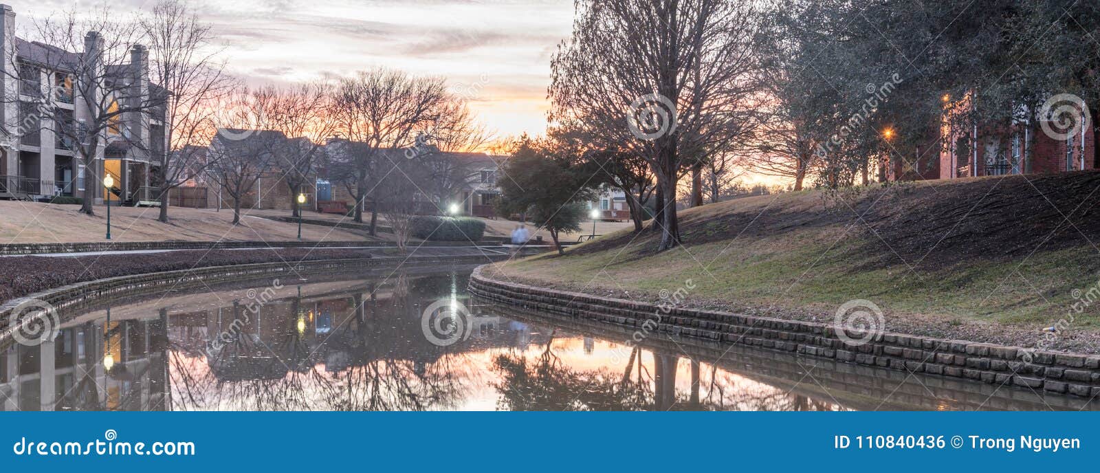 Mirror Riverside Apartment Building Complex Reflection at Sunset Stock ...