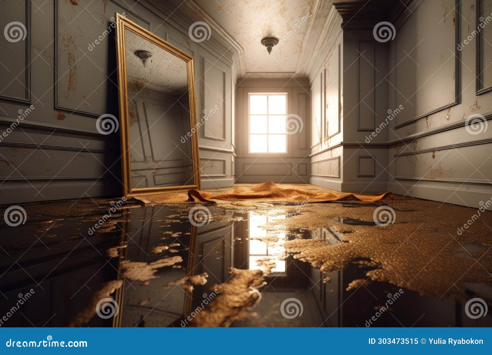 Ruined Room With Holes In Wall, Ceiling And Broken Windows In A Loft ...