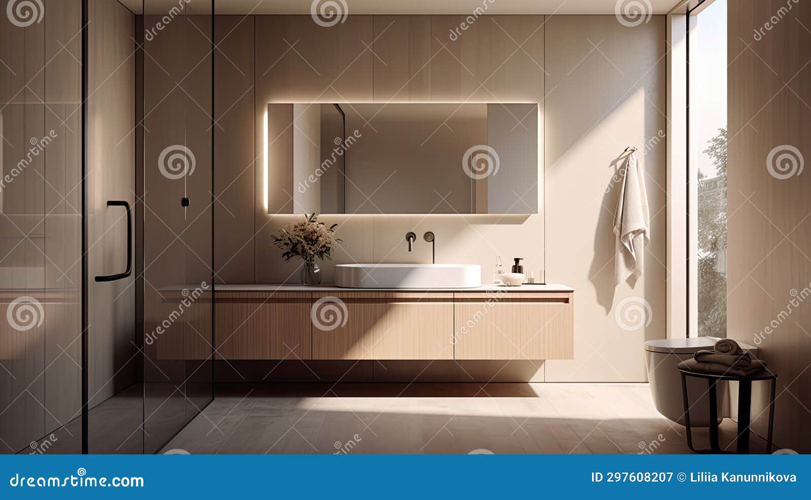 A Mirror in a Simple Bathroom, Designed in a Modern Minimalist Style ...