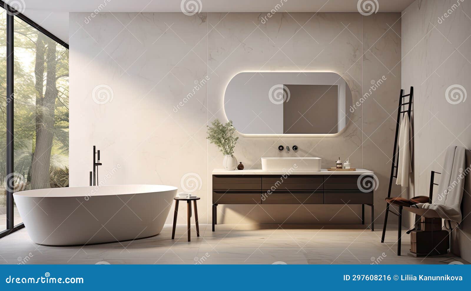 A Mirror in a Simple Bathroom, Designed in a Modern Minimalist Style ...