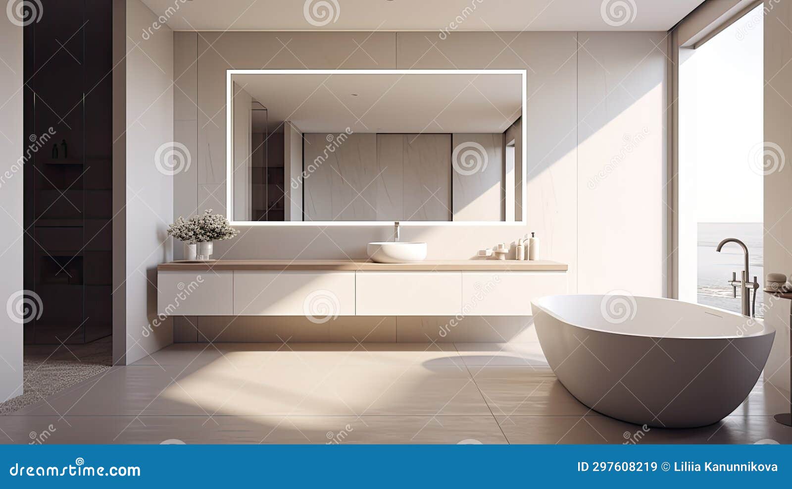 A Mirror in a Simple Bathroom, Designed in a Modern Minimalist Style ...