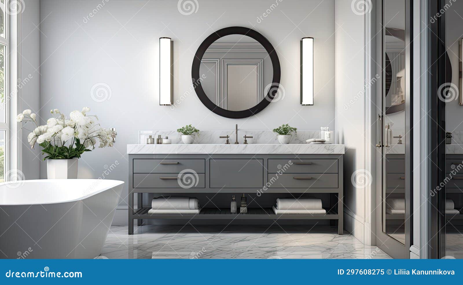 A Mirror in a Simple Bathroom, Designed in a Modern Minimalist Style ...