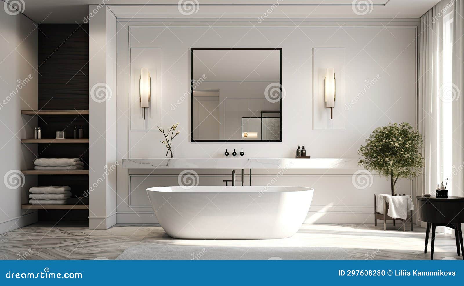 A Mirror in a Simple Bathroom, Designed in a Modern Minimalist Style ...