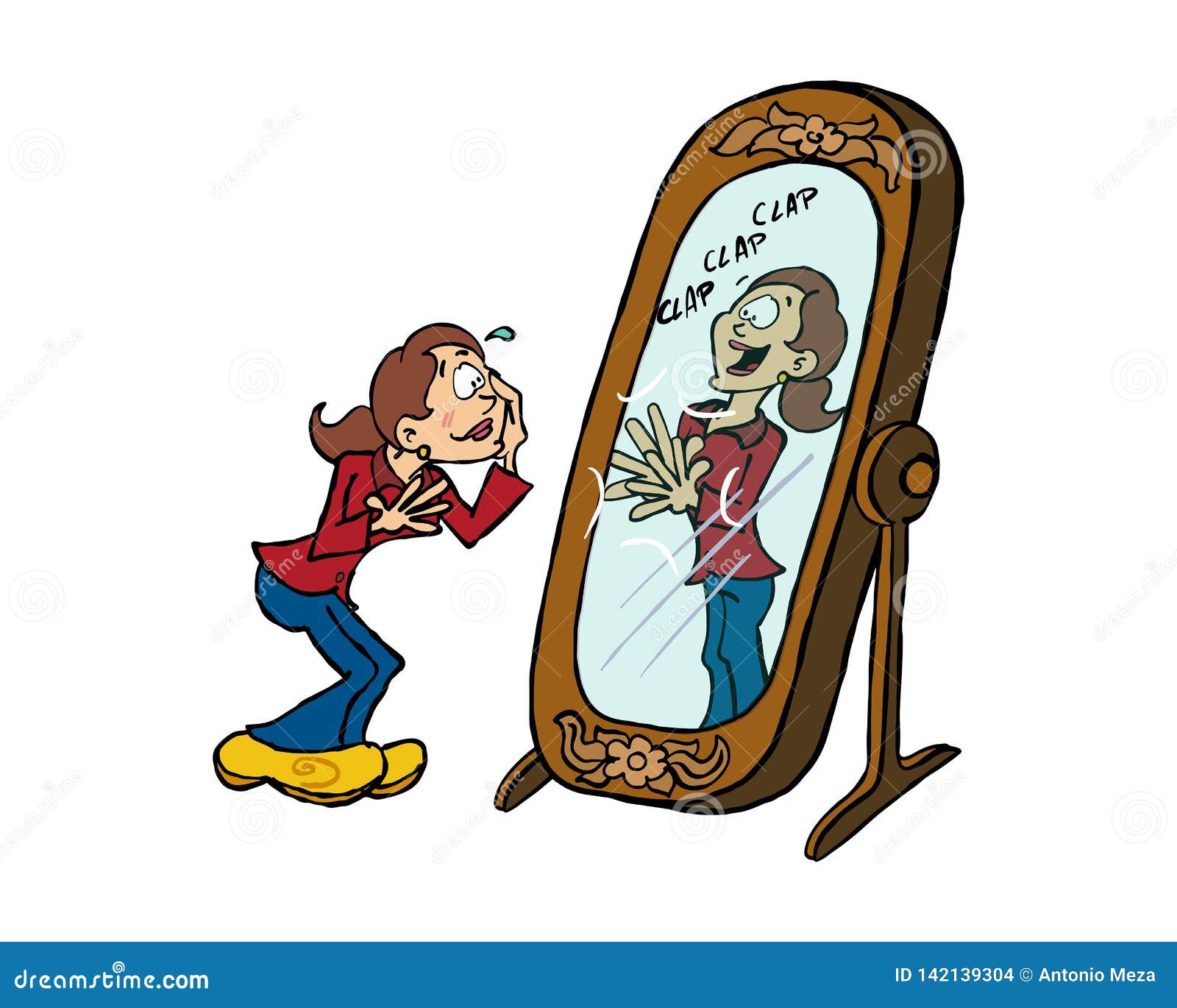 Woman Receiving Praise from Her Reflection in the Mirror. Stock Vector ...