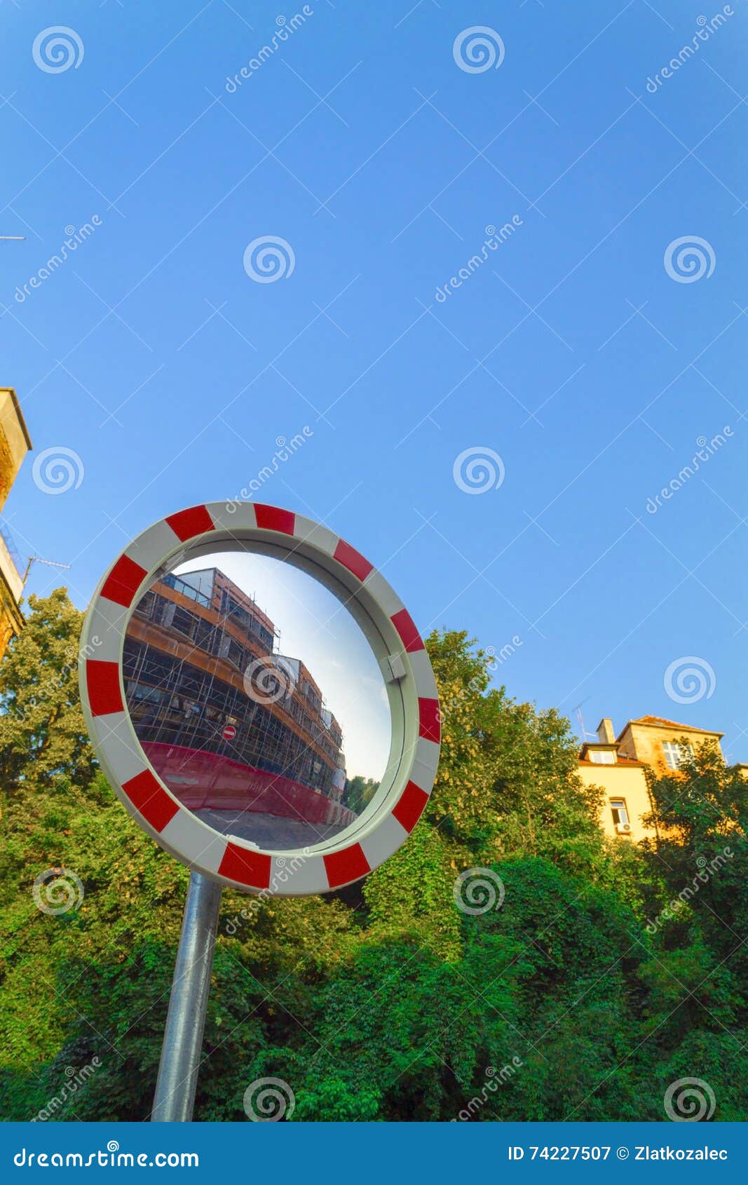 Mirror Traffic Sign with a Building Reflection Stock Image - Image of ...