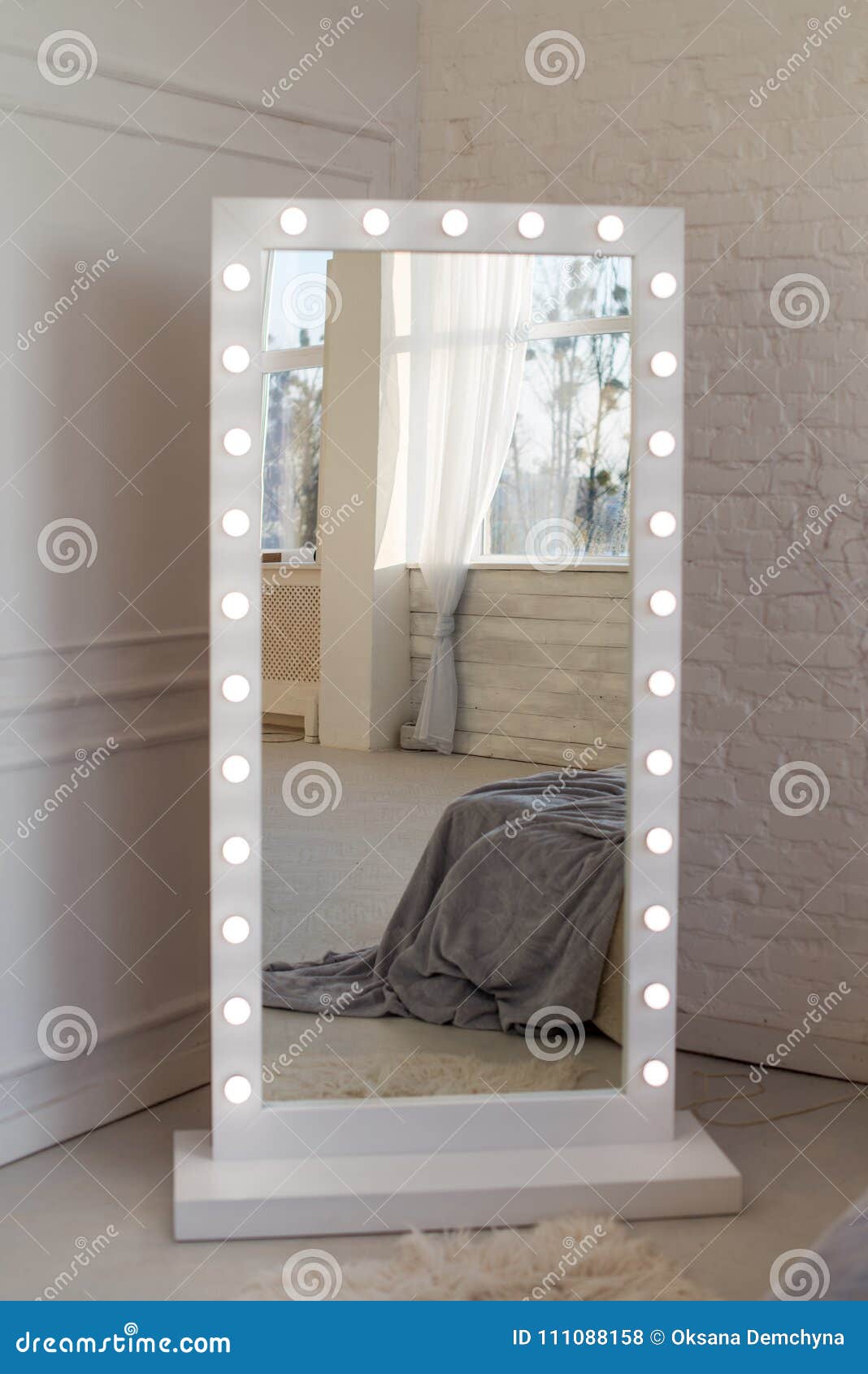 Mirror Whith White Frame and Light Bulbs in Interior Flat Stock Photo ...