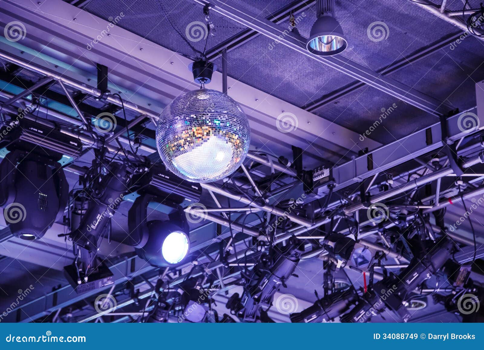Mirrored Ball in Theater Under Purple Lights Stock Image - Image of ...