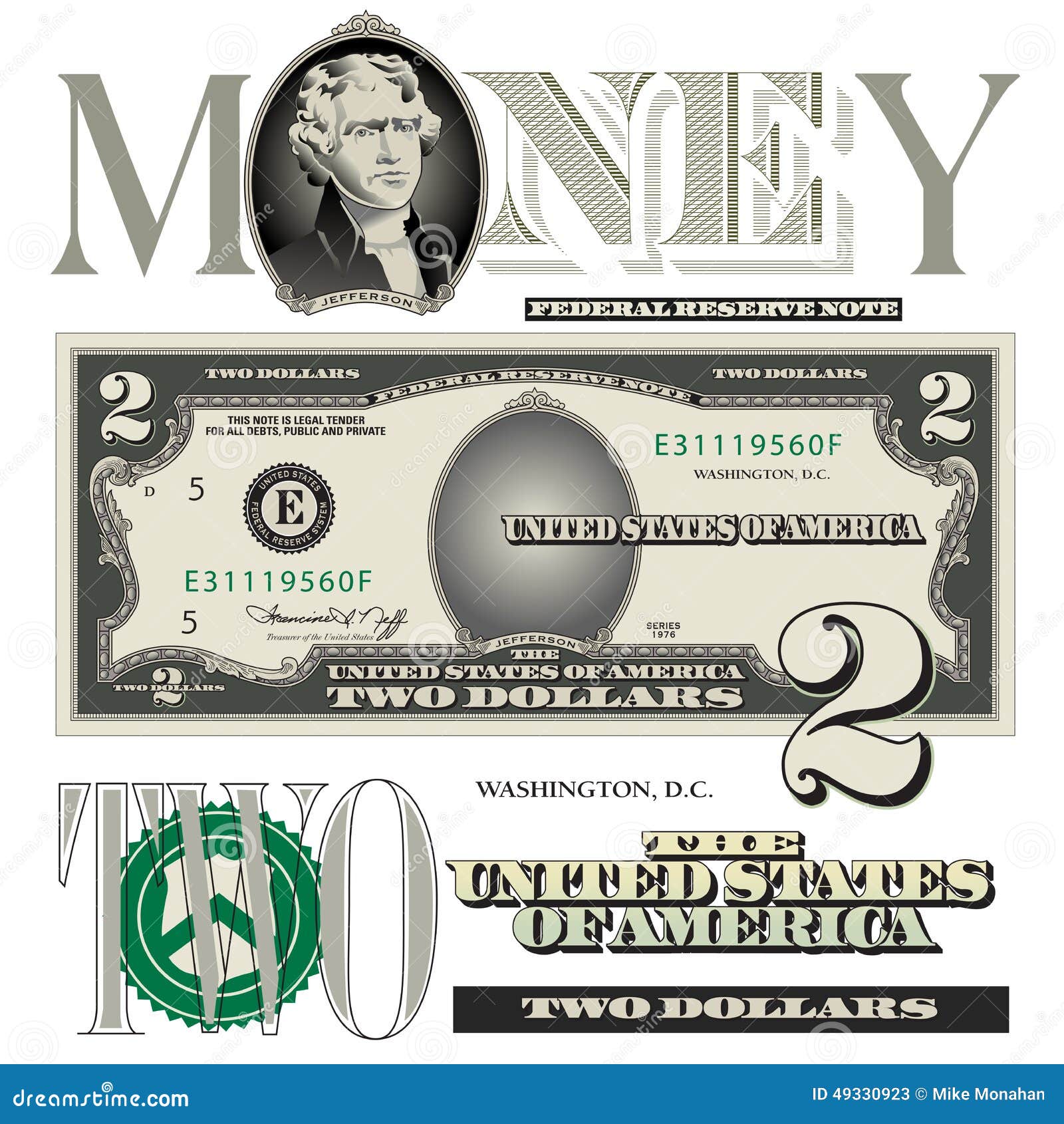 Miscellaneous 2 Dollar Bill Elements Stock Vector - Illustration of ...