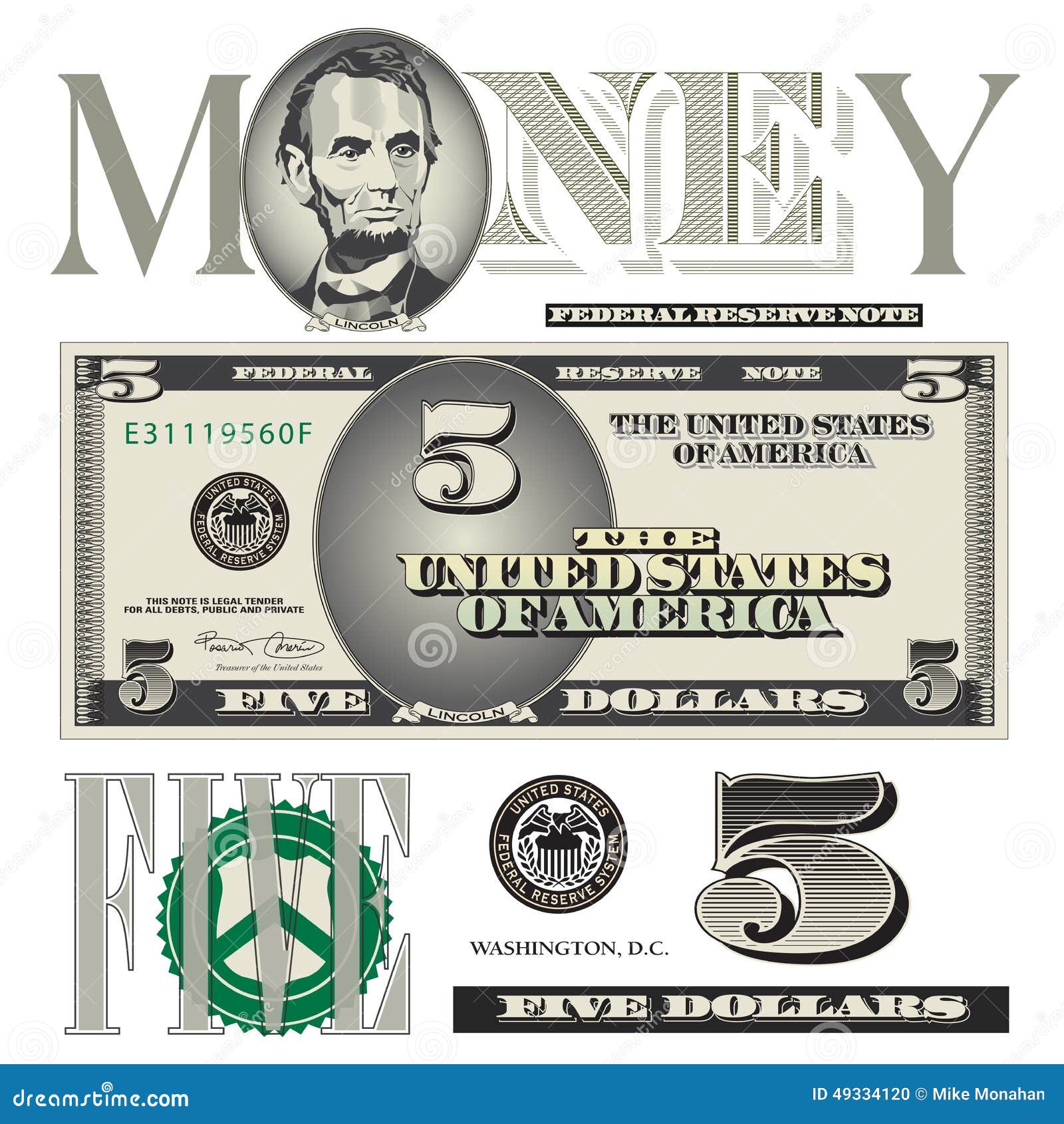 Miscellaneous 5 Dollar Bill Elements Stock Vector - Illustration of ...