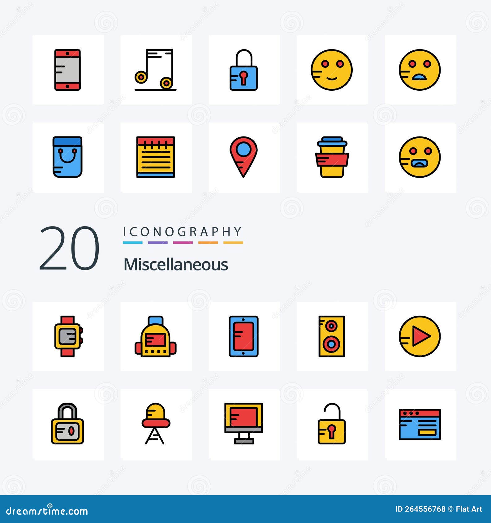 20 Miscellaneous Line Filled Color Icon Pack Like Study Lock Study Play ...