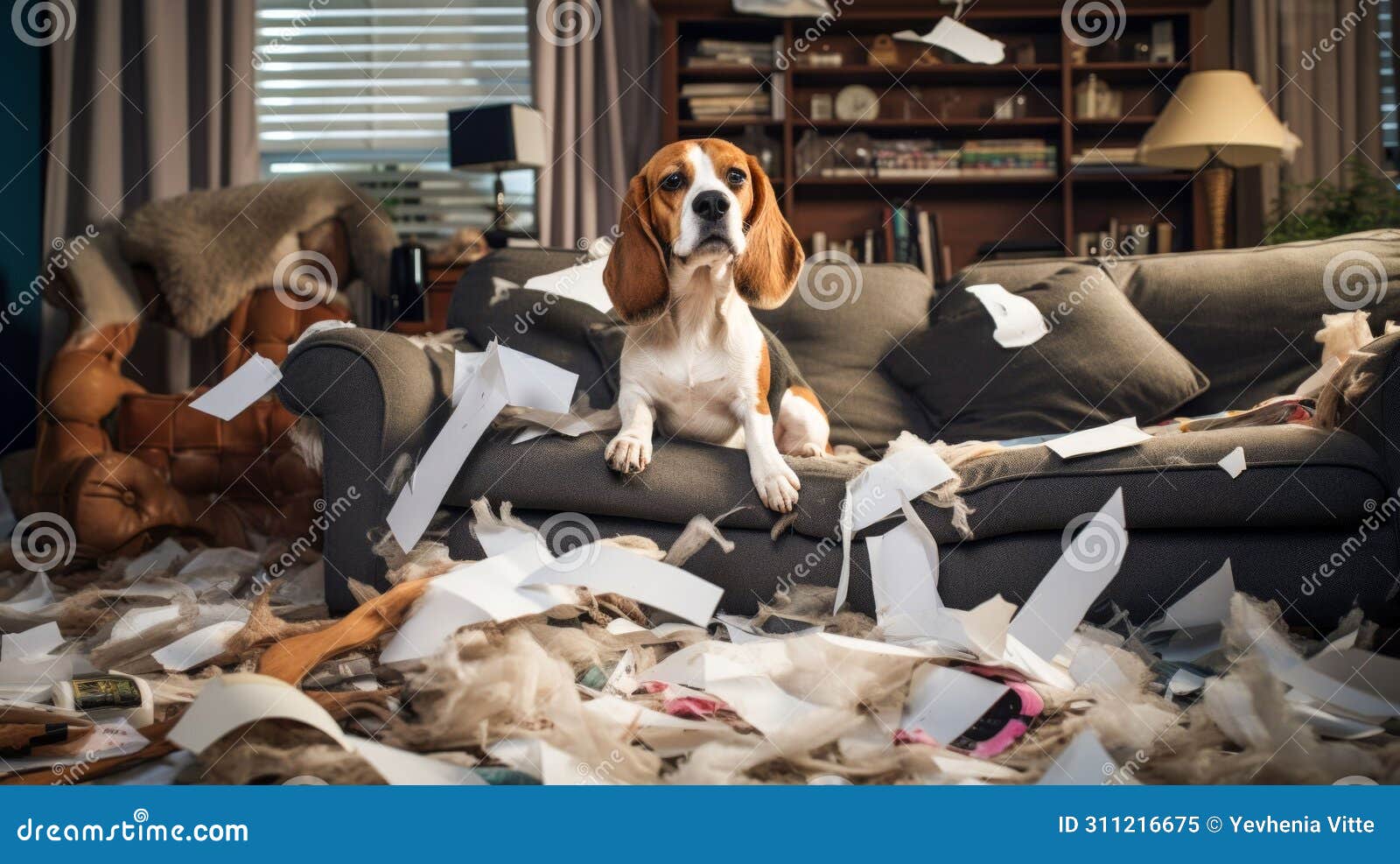 Mischievous Beagle Causing a Paper Mess in the Office. Generative Ai ...