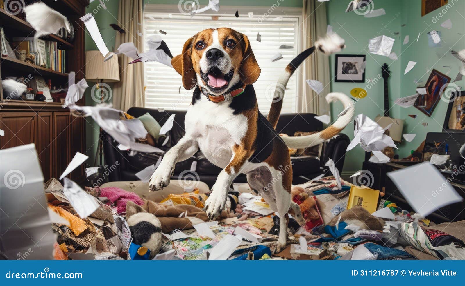 Mischievous Beagle Causing a Paper Mess in the Office. Generative Ai ...