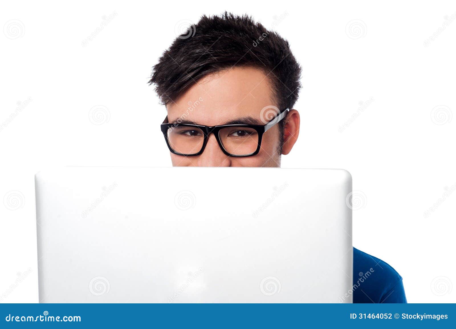 Mischievous Boy Hiding His Face with Laptop Stock Photo - Image of ...