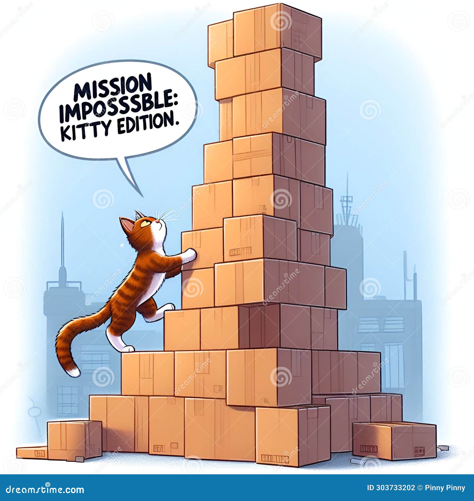 A Mischievous Cat Attempting, To Conquer a Towering Stackof Empty Boxes ...