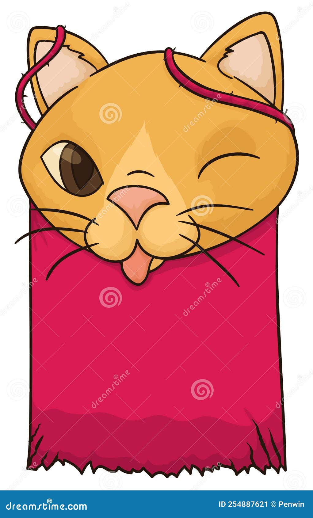 Mischievous Cat Face Over Ragged Fabric and Strings, Vector ...