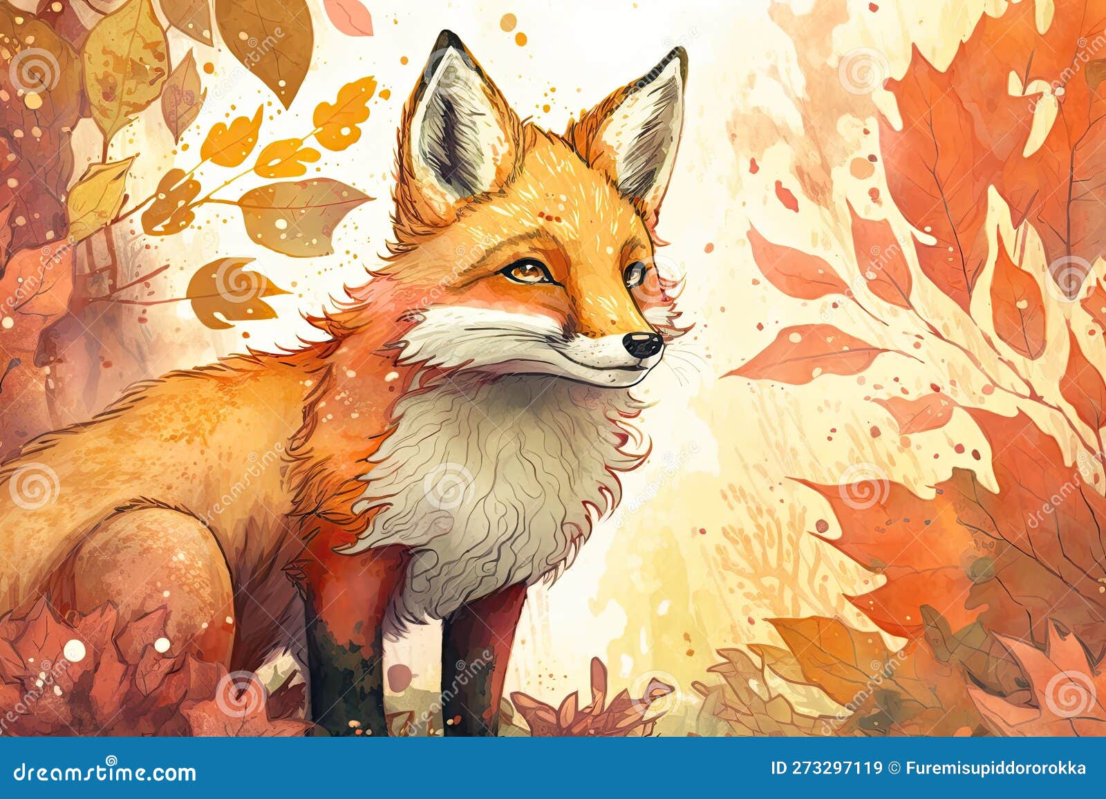 A Mischievous Fox Playing in the Leaves, with a Watercolor Background ...