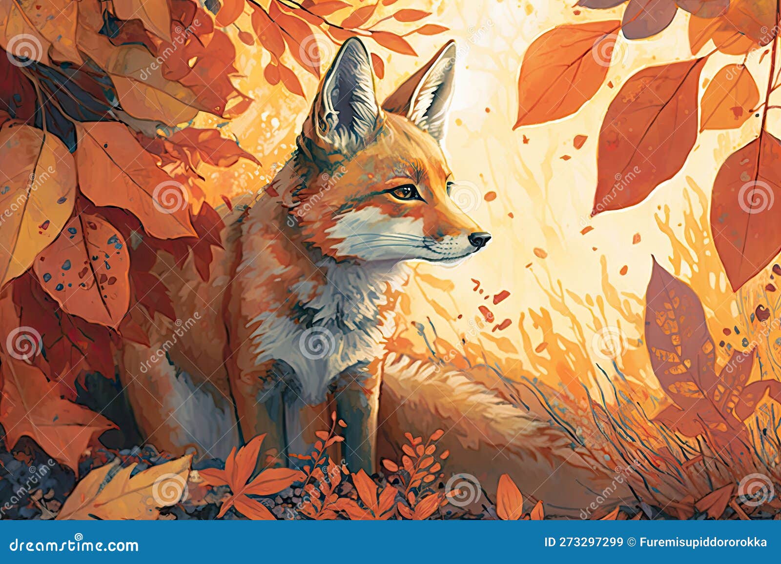 A Mischievous Fox Playing in the Leaves, with a Watercolor Background ...