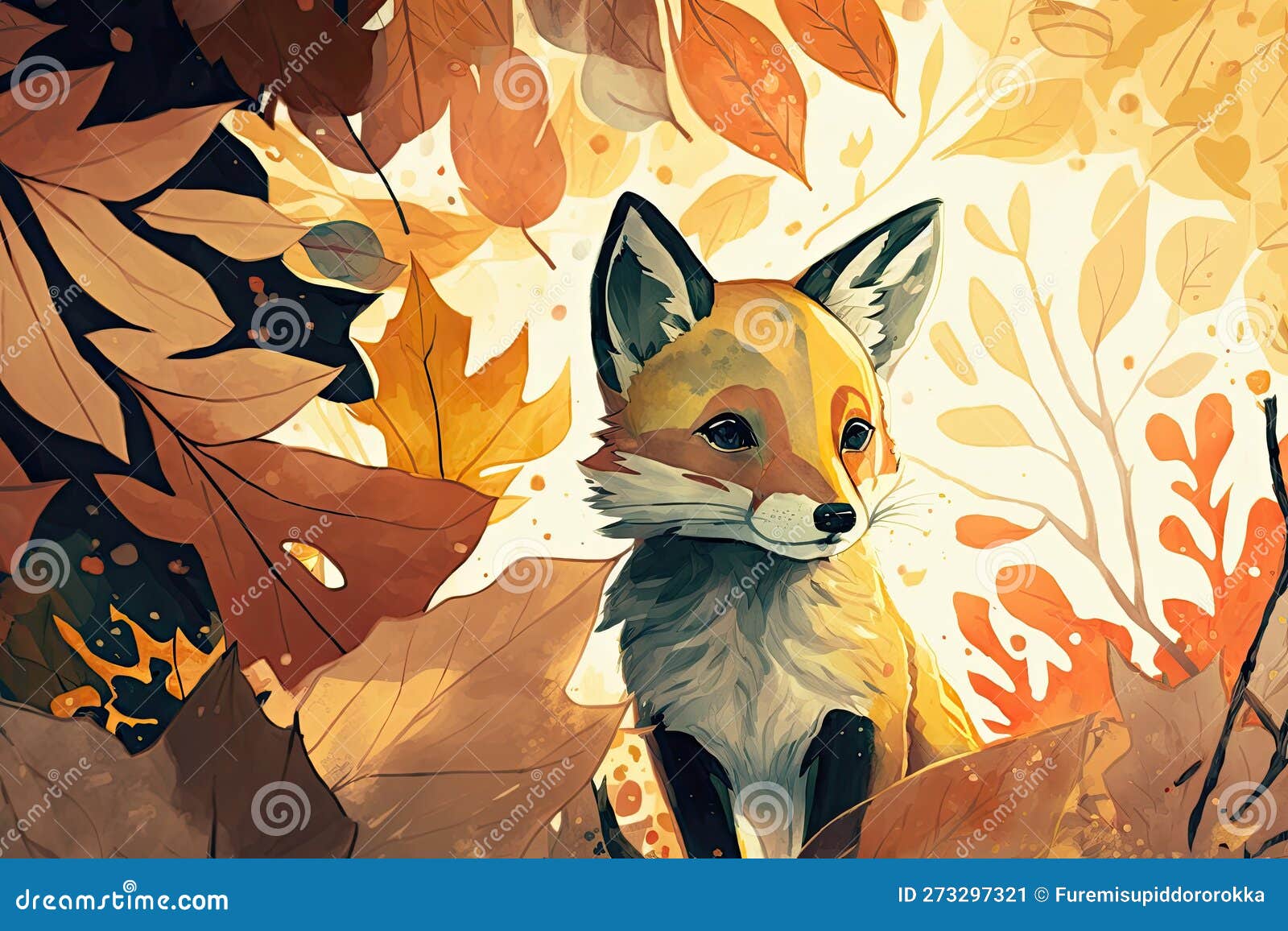 A Mischievous Fox Playing in the Leaves, with a Watercolor Background ...