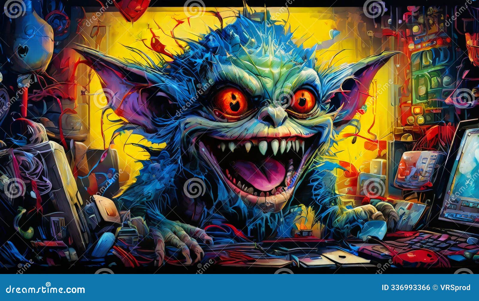 Mischievous Goblin Surrounded by Colorful Technology Stock Photo ...